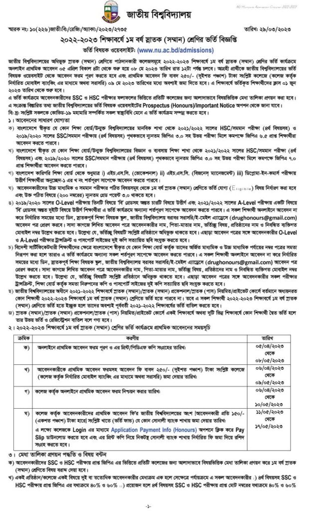 NU Honours Admission 2nd Release Slip Result 2023- মেধা তালিকা