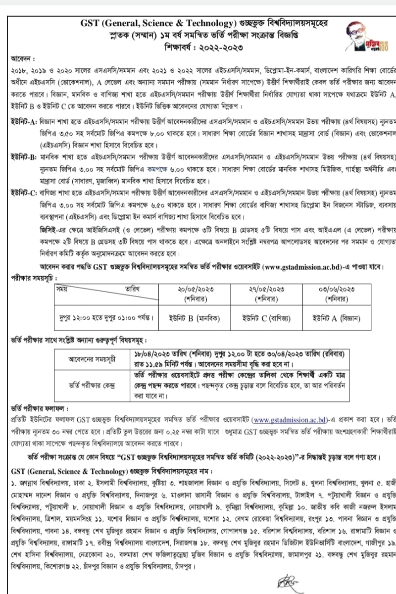 GST Admission Result 2023 - সাবজেক্ট চয়েজ রেজাল্ট