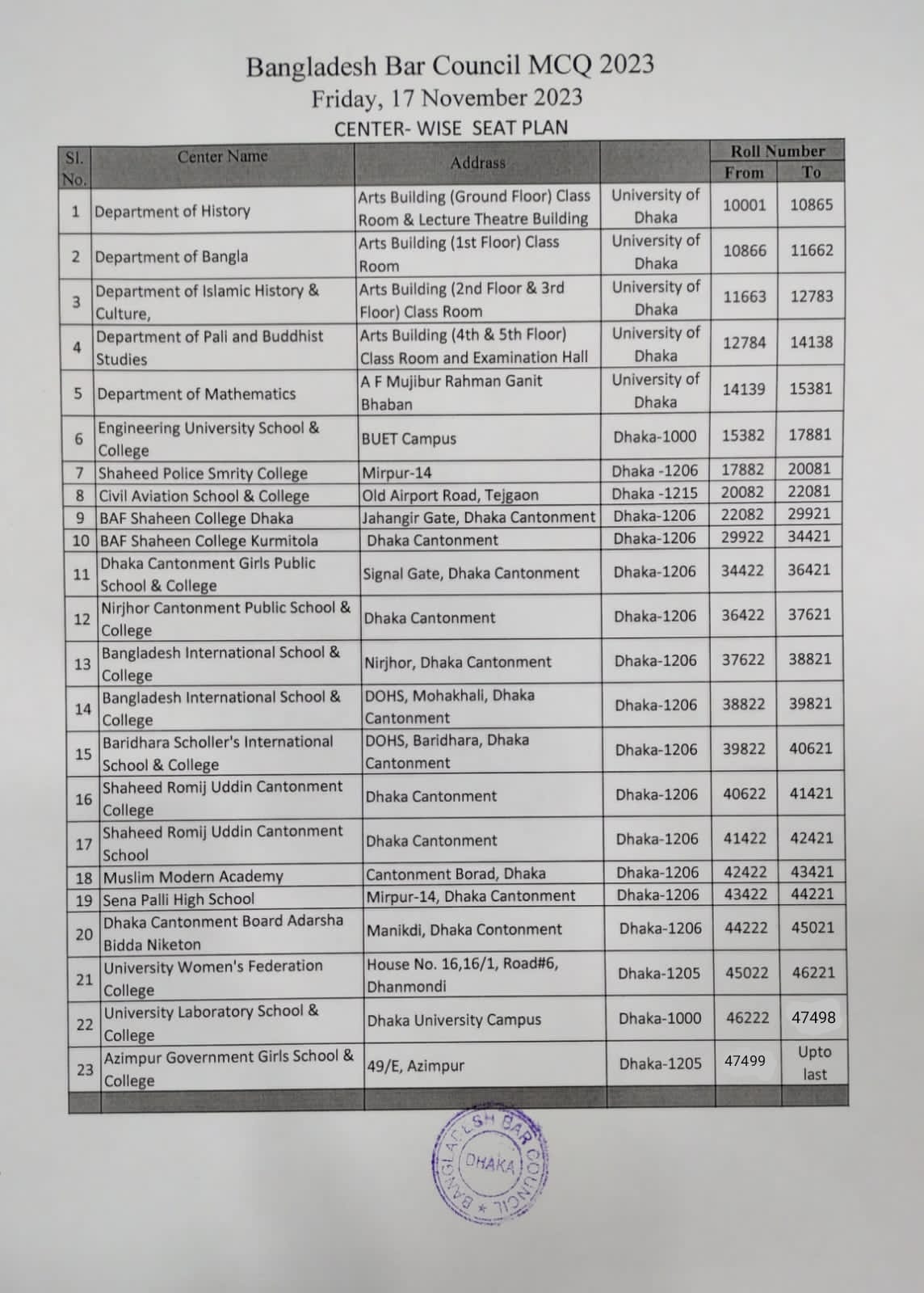Bar Council Seat Plan 2025 PDF (Enrollment MCQ Exam)